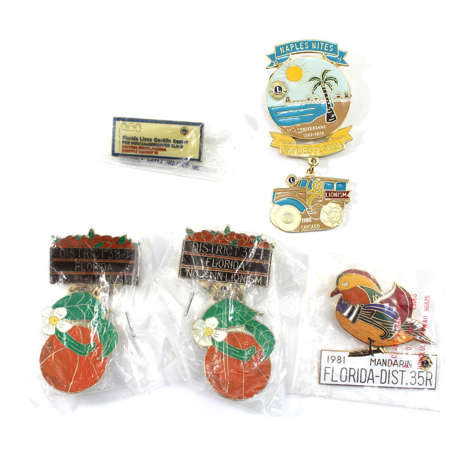 Vintage Lions Club USA-Florida Assorted Enameled Pins. 5pcs.