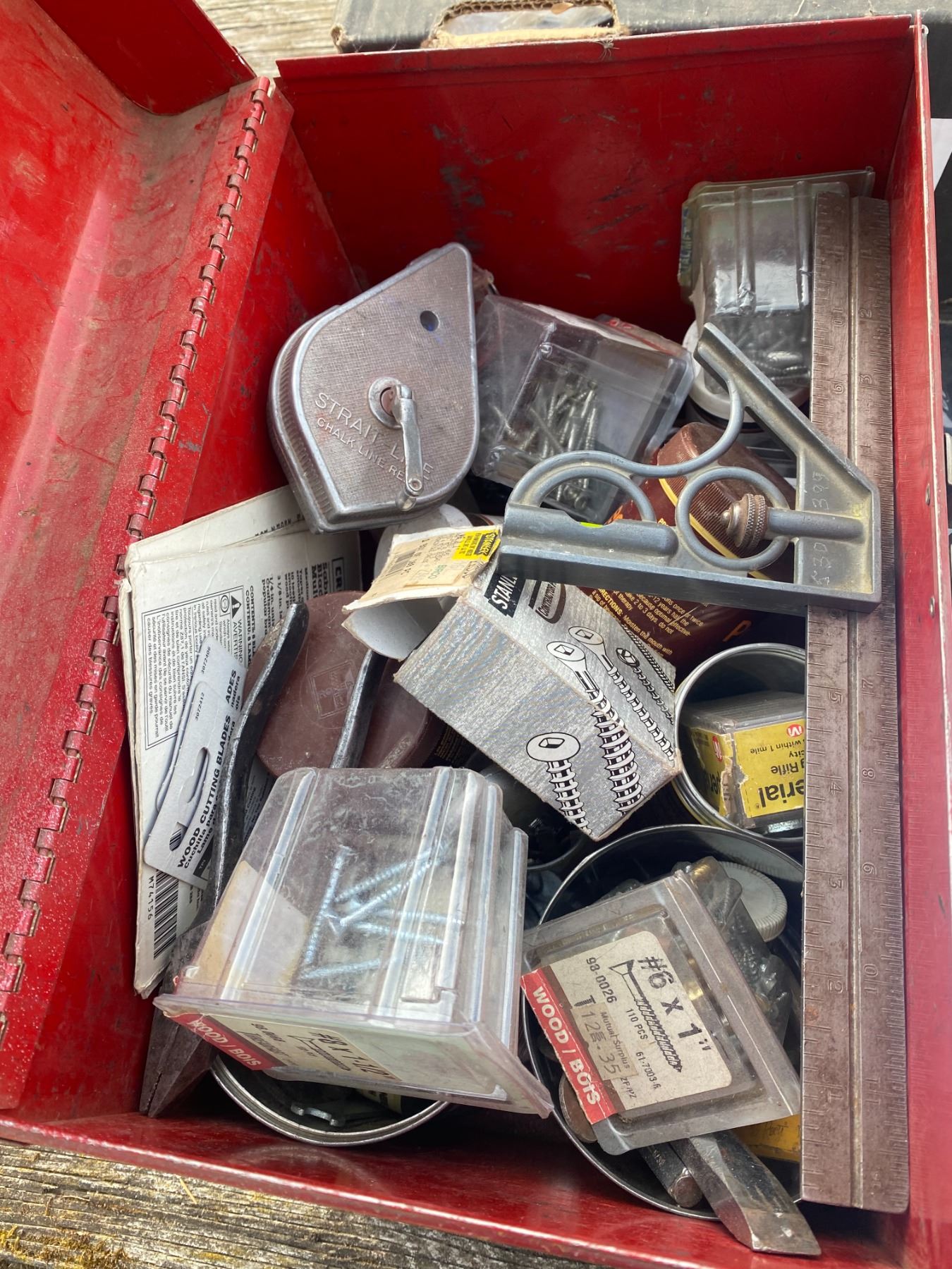 Red tool box c/w misc. mud flaps, gauges, box of misc. tools
