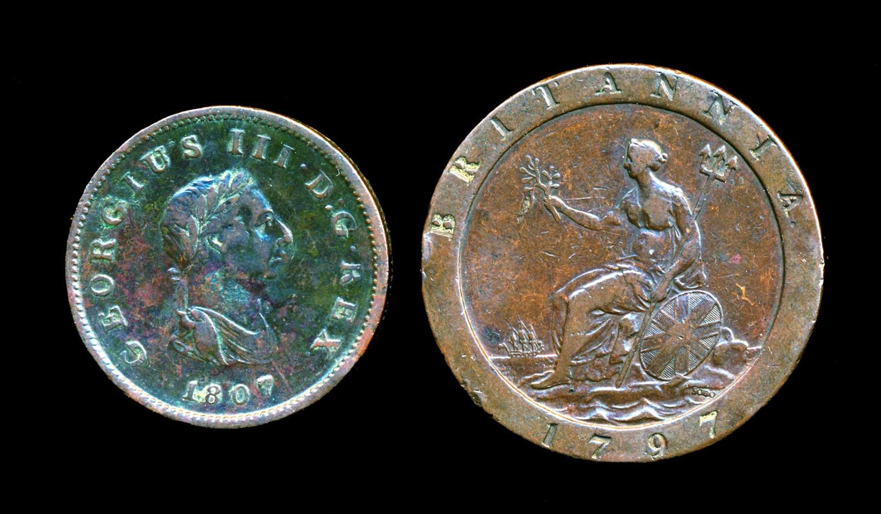 GREAT BRITAIN Penny 1797-1807. A Pair of Early Pennies Fine-Very Fine