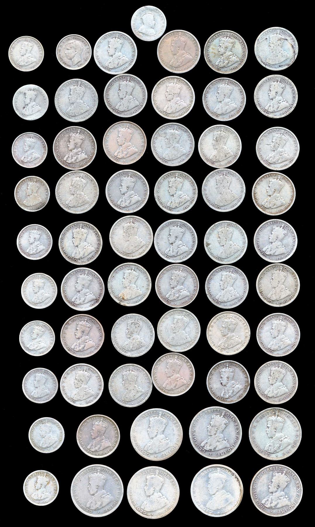 AUSTRALIA 1910-1936. A Lot of 59 Sterling Silver Coins. Good-Fine