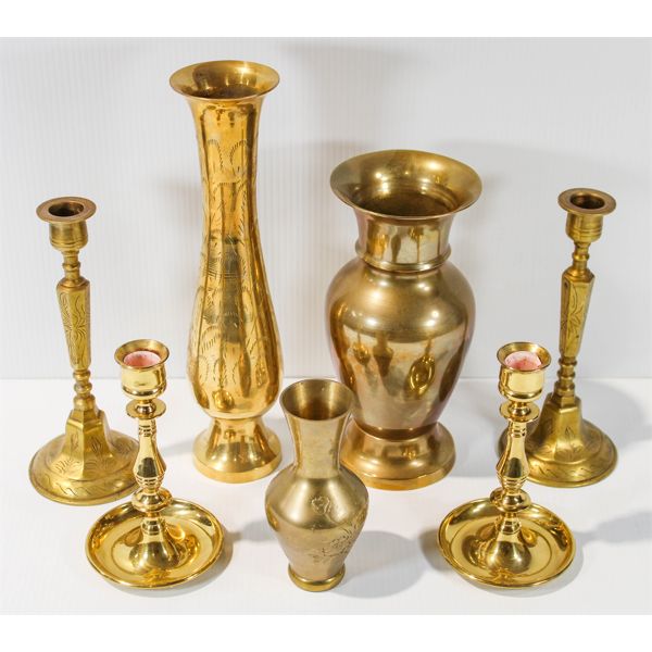 BRASS CANDLE STICKS AND VASES