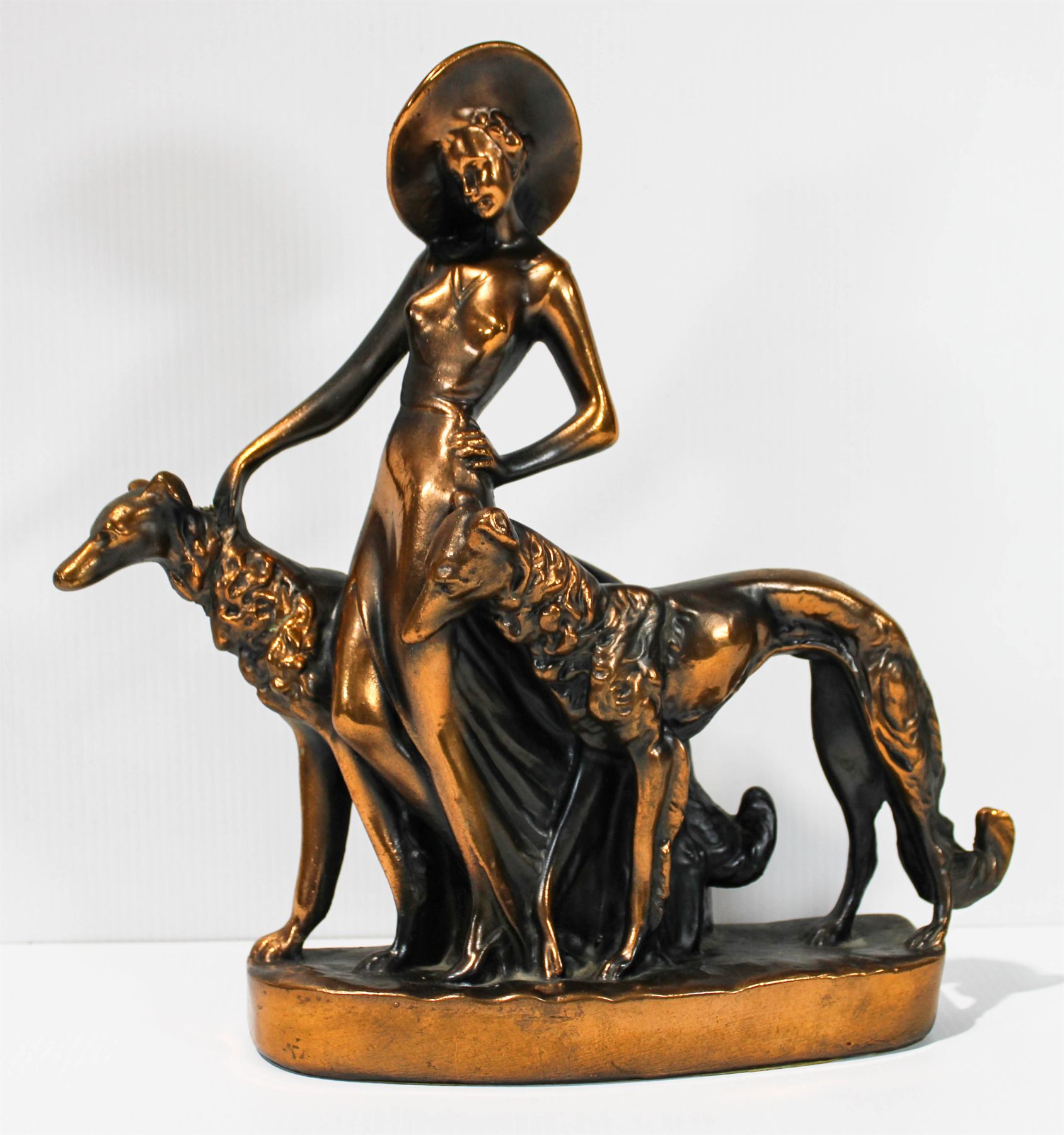 Art Deco Woman With Dogs Copper Over Spelter