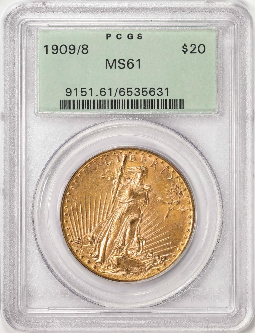 1909/8 $20 St. Gaudens Double Eagle Gold Coin PCGS MS61 Old Green Holder