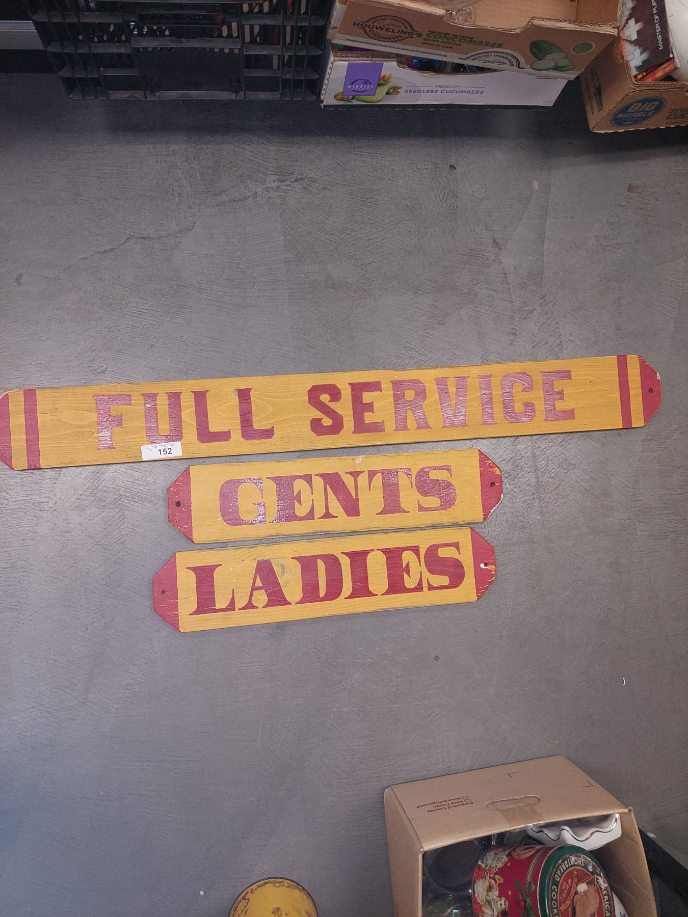 3 Wooden signs, ladies, gents and full service