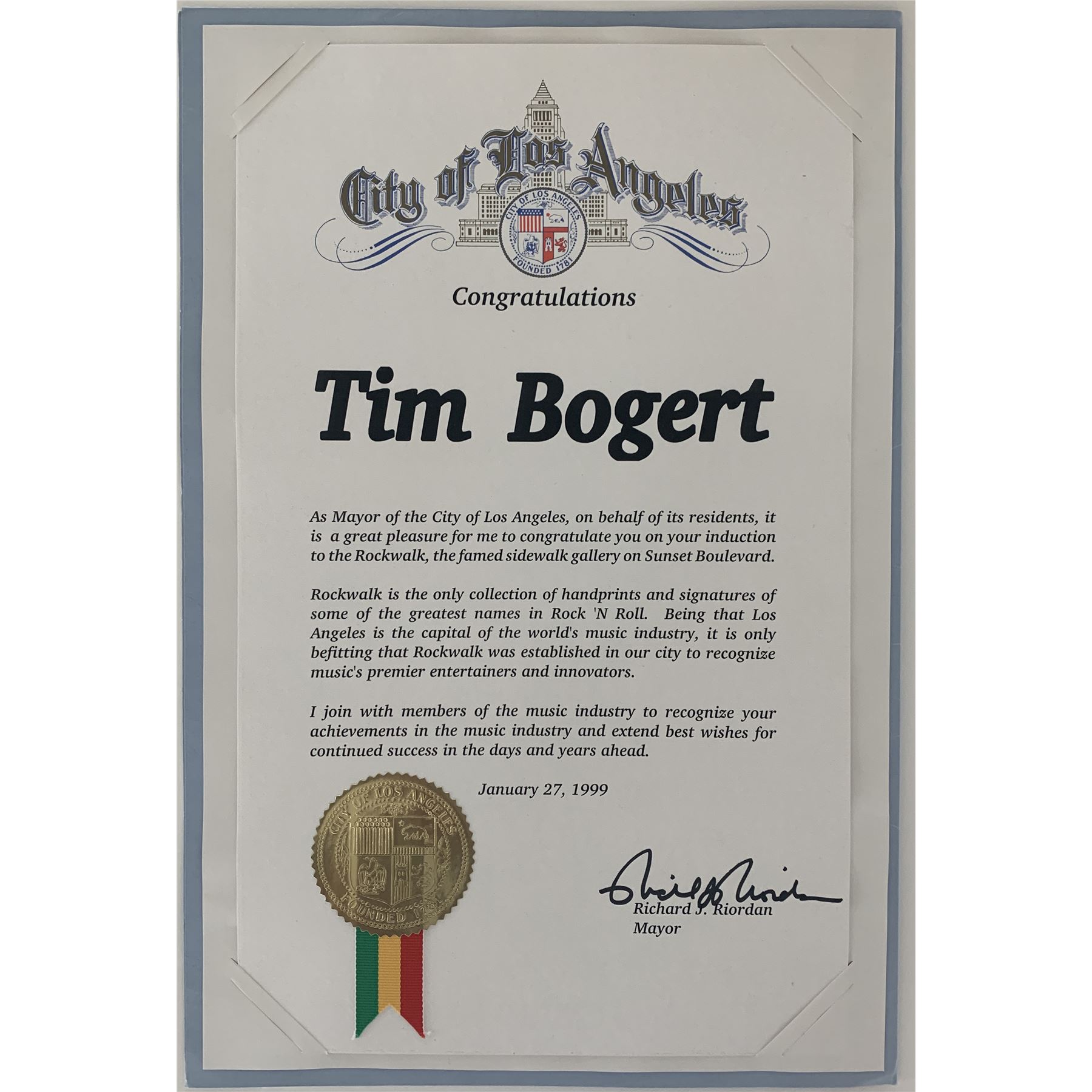 Vanilla Fudge founder Tim Bogert Rockwalk induction certificate