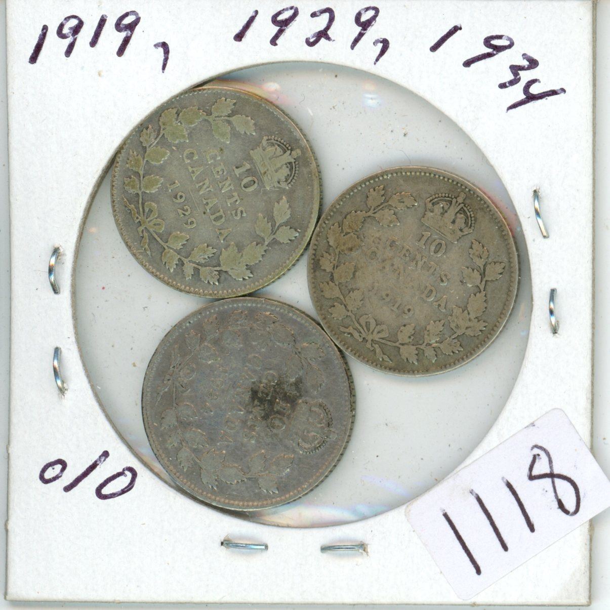 3 Canadian silver 10 cent coins - 1919, 1929, 1934 - Schmalz Auctions