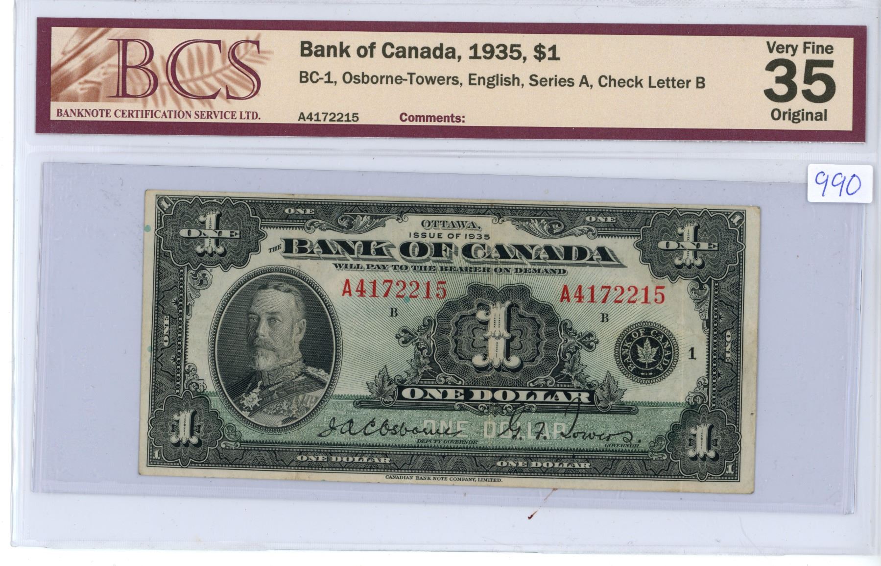 1935 Graded Canadian $1 bill - Osborne/Towers - A4172215 - VF35 - Schmalz Auctions