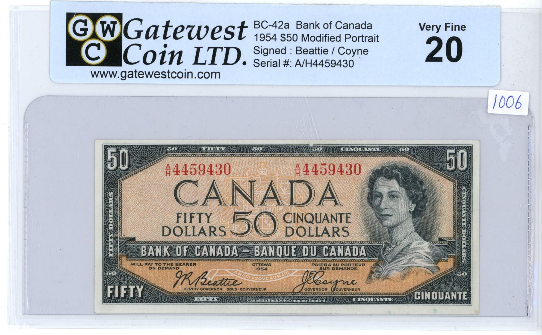 1954 Graded Canadian $50 bill - Beattie/Coyne - A/H prefix - 4459430 - VF20 - Schmalz Auctions