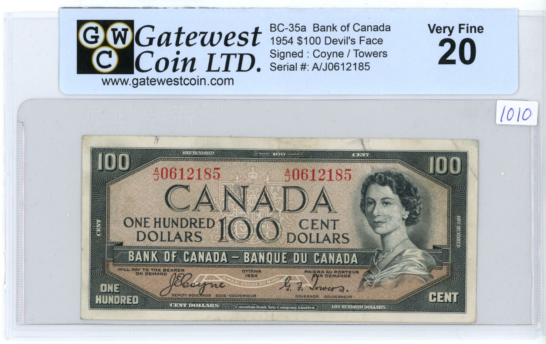 1954 Graded Canadian "Devils face" $100 bill - Coyne/Towers - A/J ...