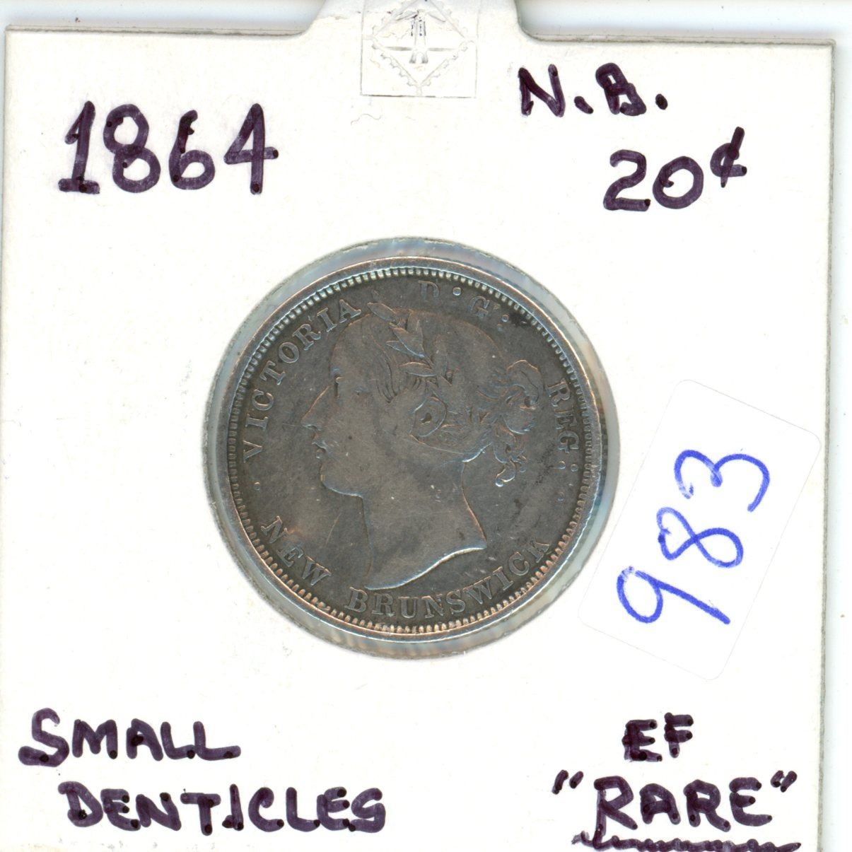1864 New Brunswick, Canadian 20 cent silver coin - 92.5% - Schmalz Auctions