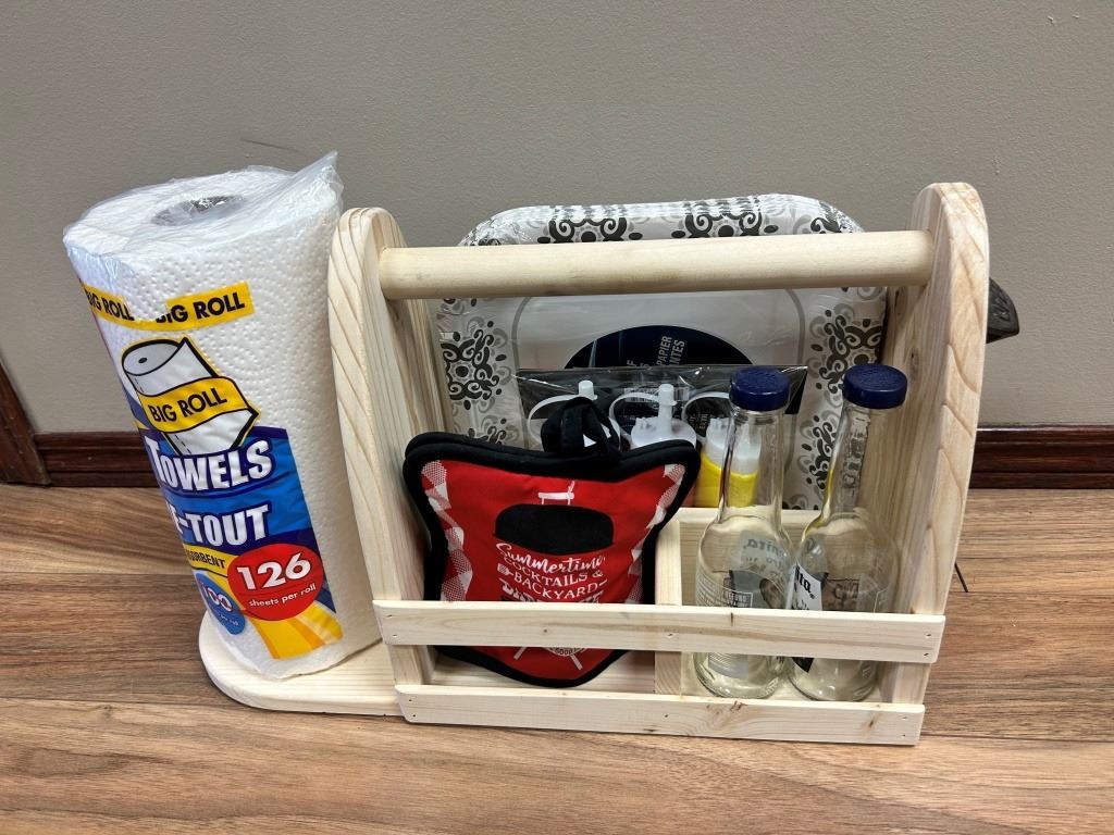 HANDMADE BBQ CADDY WITH CONDIMENT BOTTLES, PAPER
