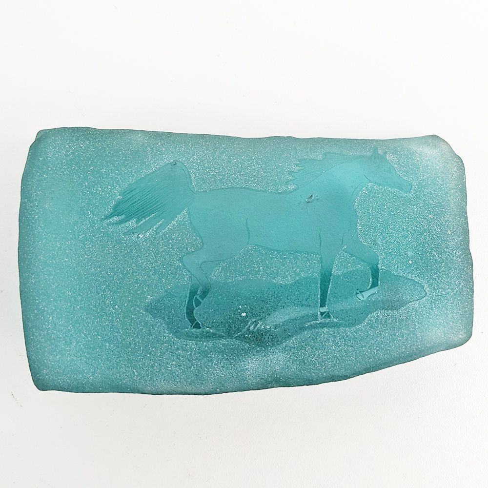 Horse Etched Art Glass Paperweight Signed Siku