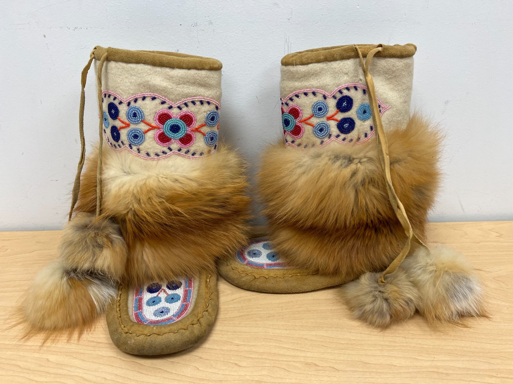 First Nations Beaded Fur Mukluks with Pom Poms (foot approx: 10.25" and ...