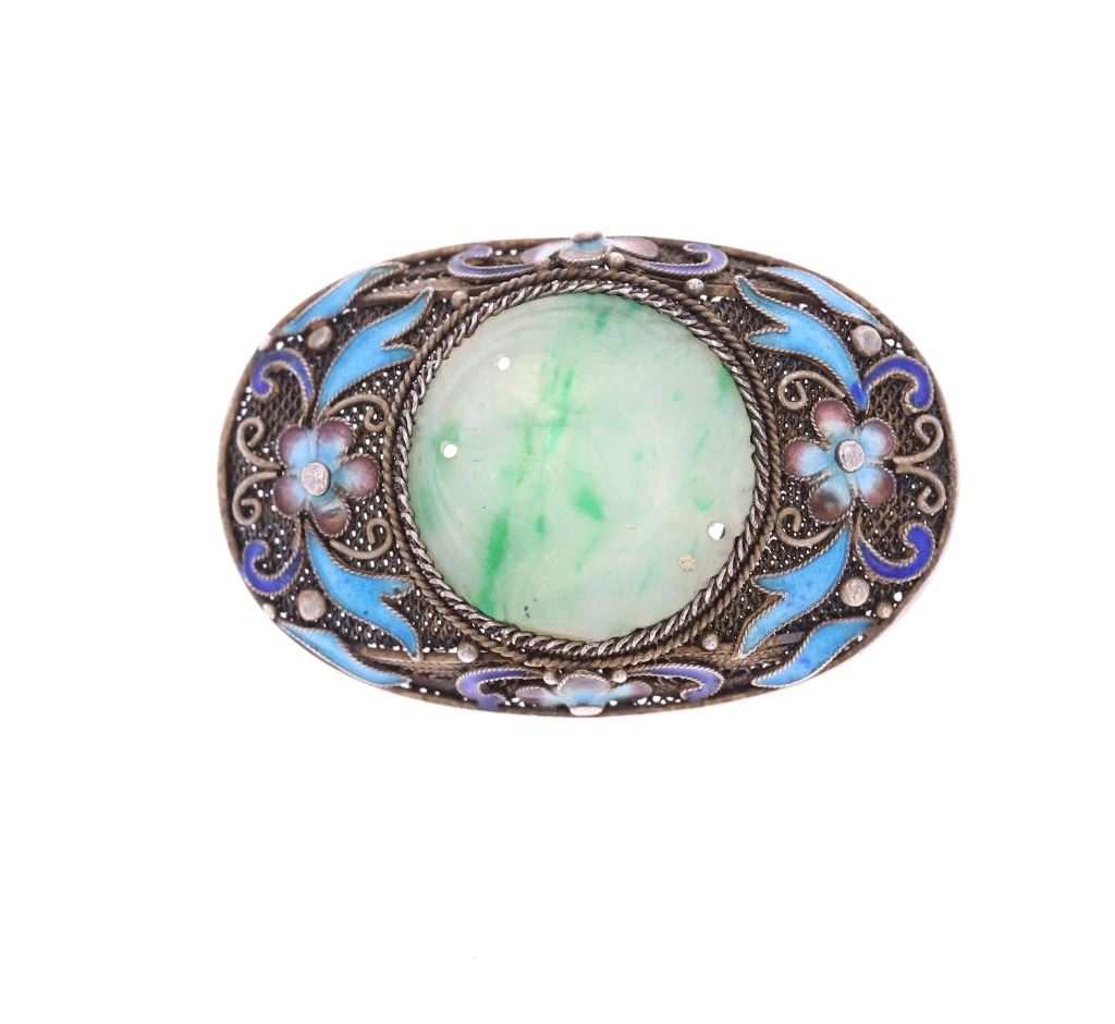 Early 1900s Carved Jade & Sterling Chinese Brooch