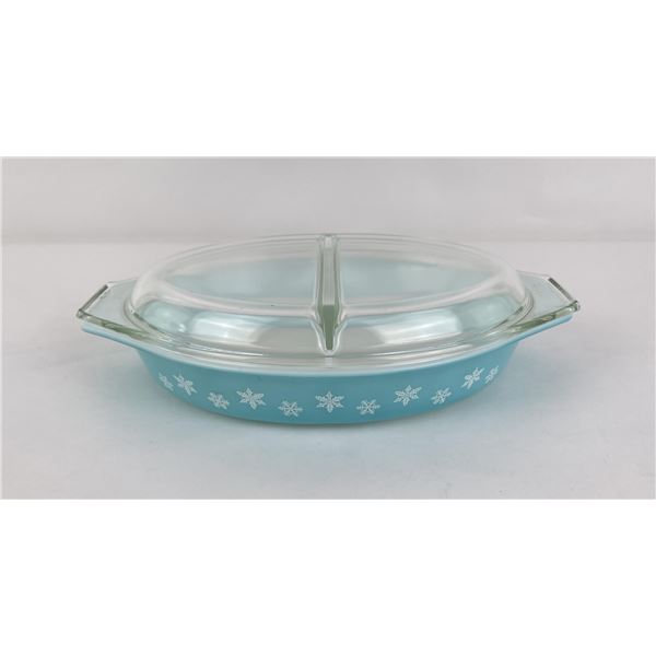 Pyrex Turquoise Snowflake Divided Casserole Dish