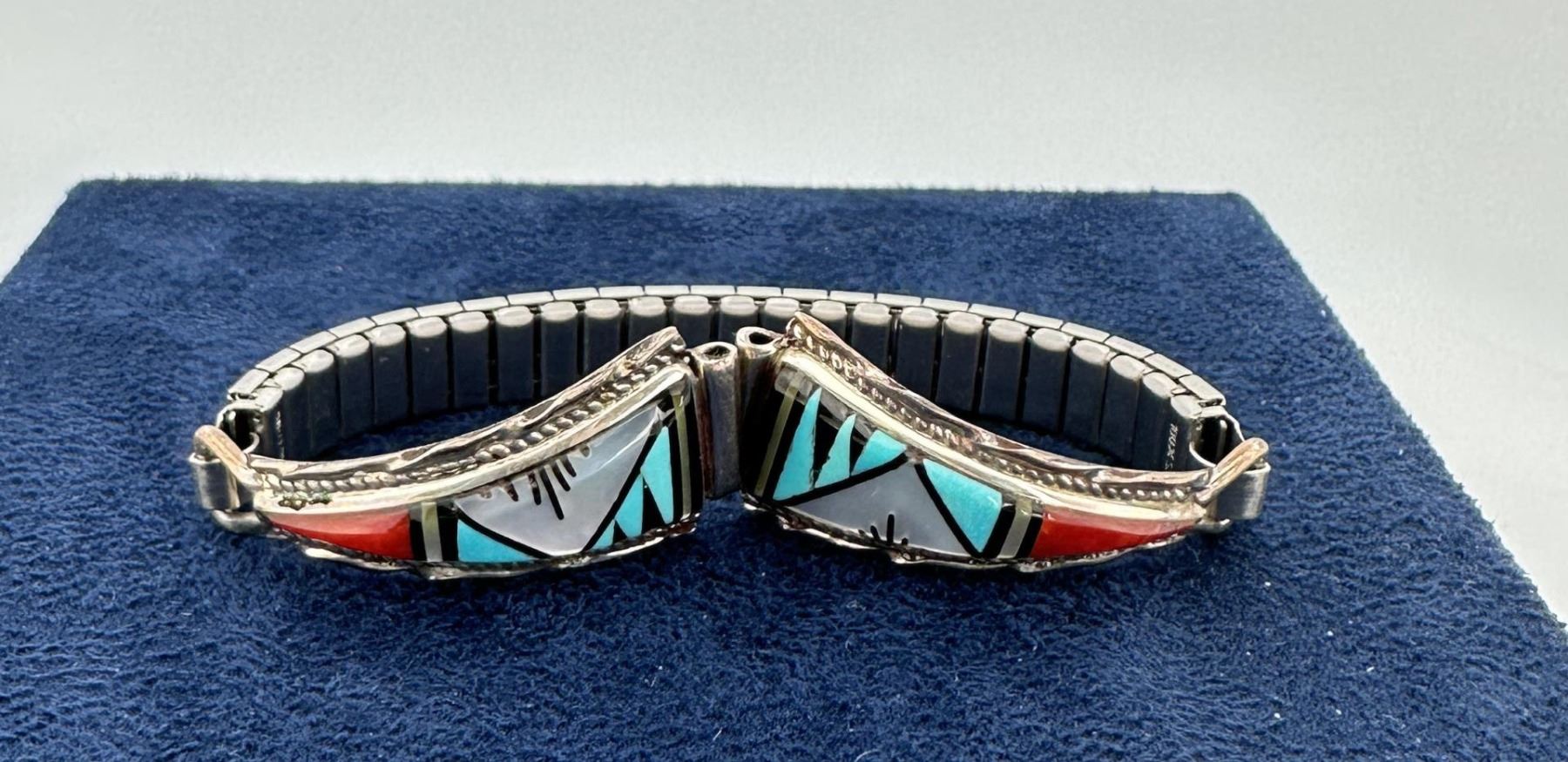 Zuni Indian Inlaid Sterling Silver Watch Band Tips