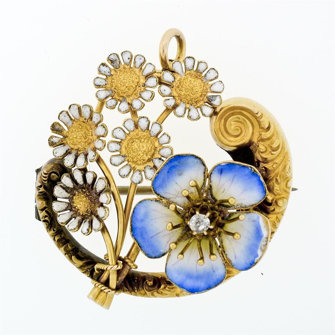 Antique Art Nouveau 14K Gold Diamond Flower Enamel Scroll Repousse ...