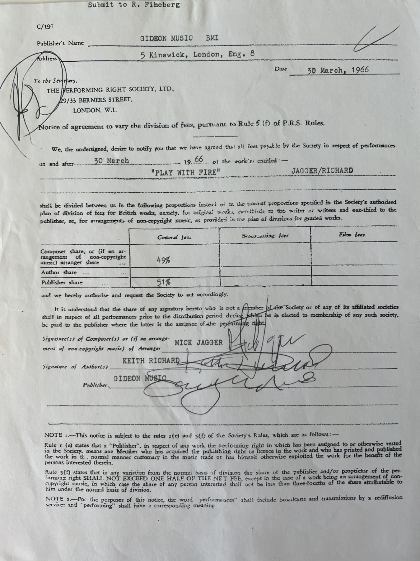 The Rolling Stones Mick Jagger and Keith Richard signed contract