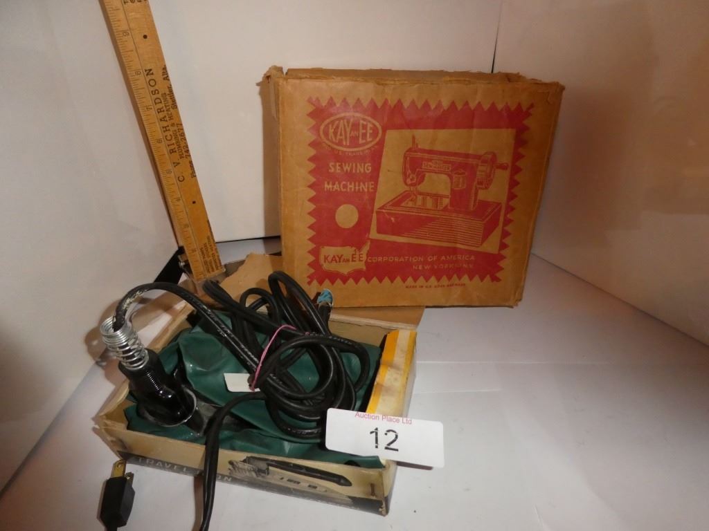 Vintage Omega travel iron, sewing machine box