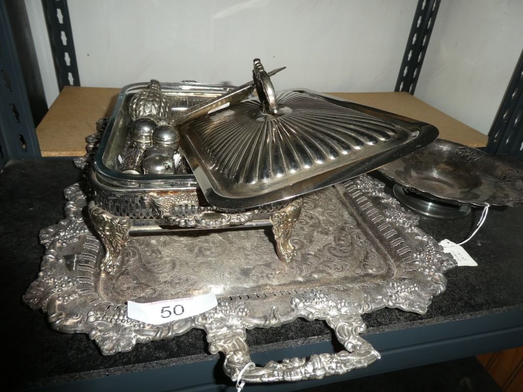 Vintage silver serving platters, salt and pepper