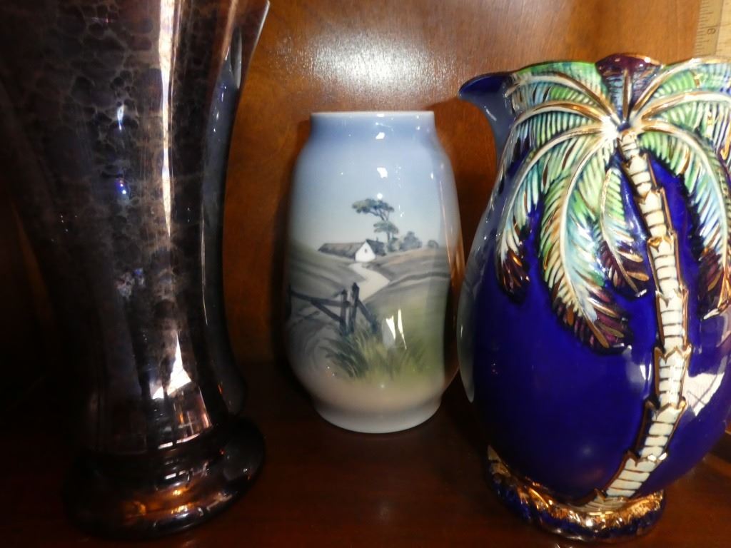 Mettalic vase, Beswick Tropical themed pitcher,