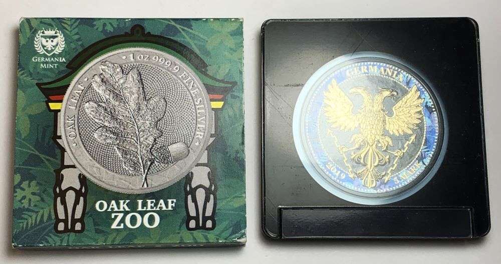 Colorized 2019 Germania 5 Mark "Oak Leaf Zoo" 1 ozt .9999 Silver
