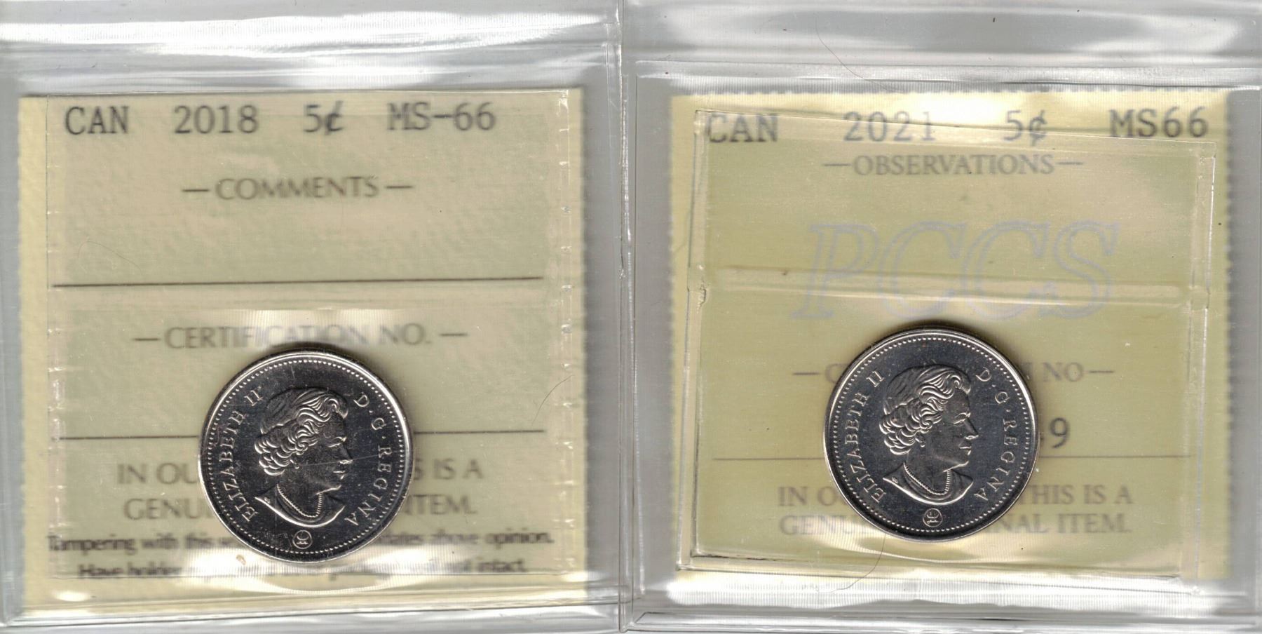 2018 5¢ ICCS MS-66, 2021 5¢ PCCS MS-66 (Professional Coin Certification ...