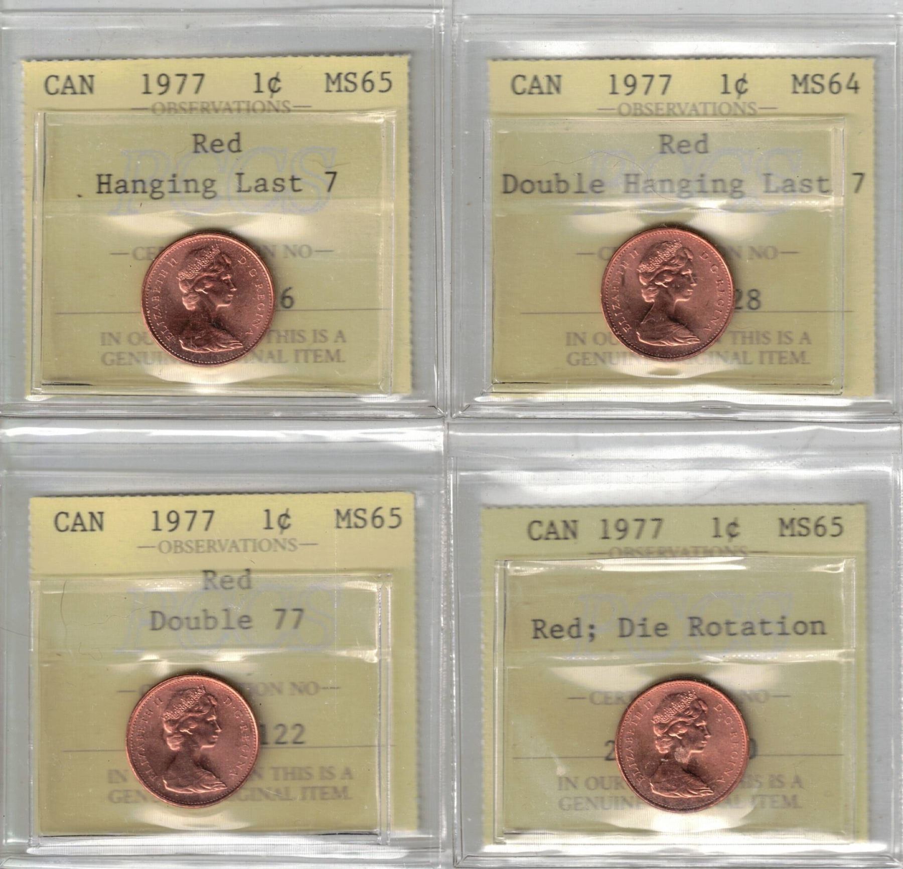 Variety lot of 4 x 1977 Canada 1¢, PCCS MS65-64 (Professional Coin ...