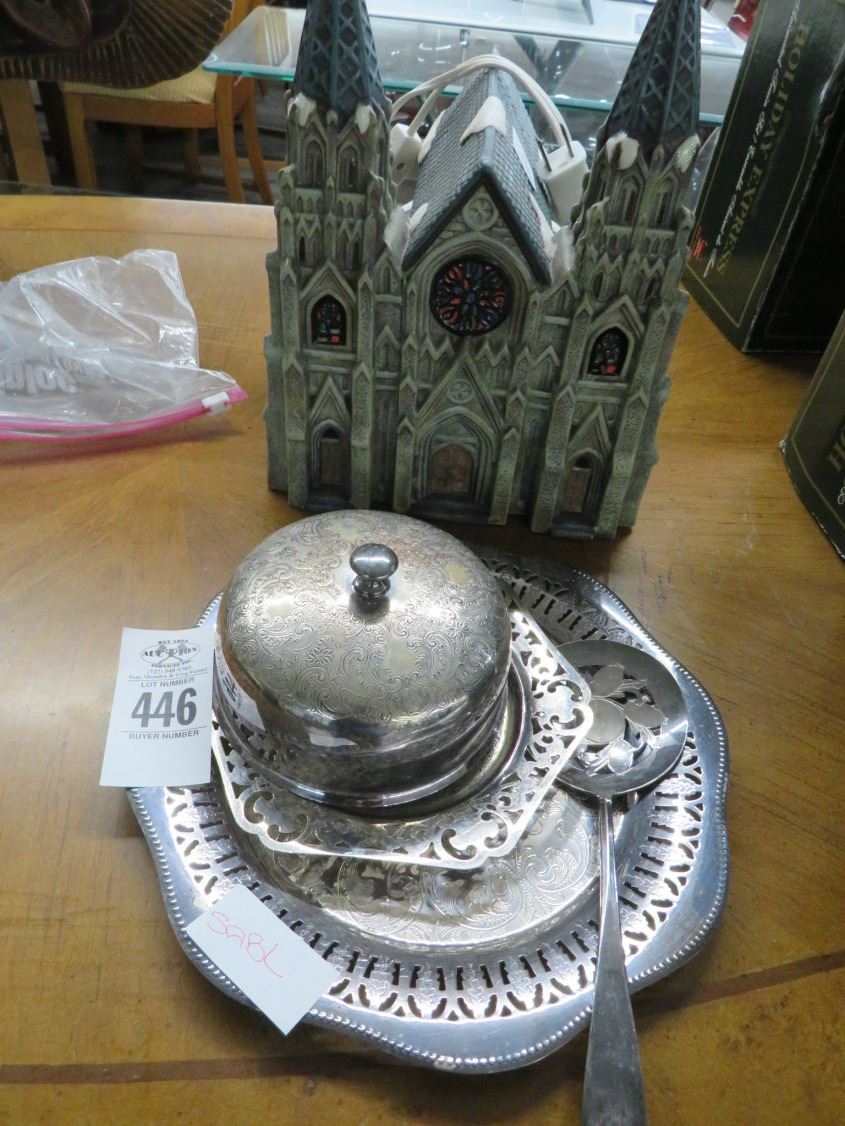 Christmas Village Lighted Church and Silverplate Dishes and Utensils