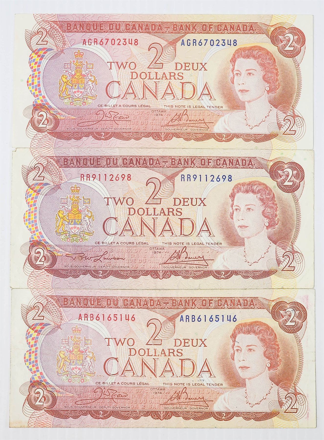 THREE 1974 CANADIAN $2 BANKNOTES