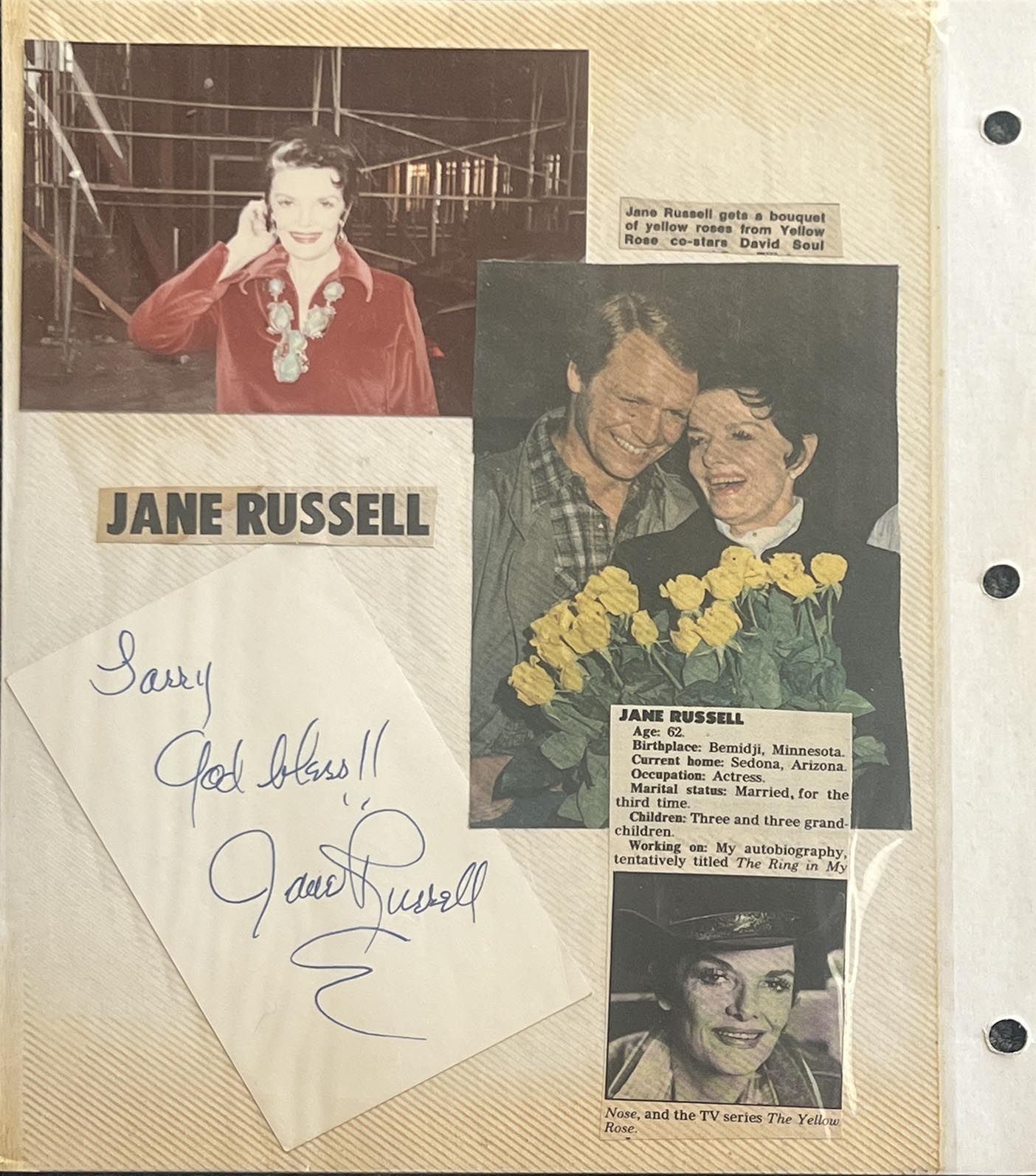 Jane Russell signed photo album page