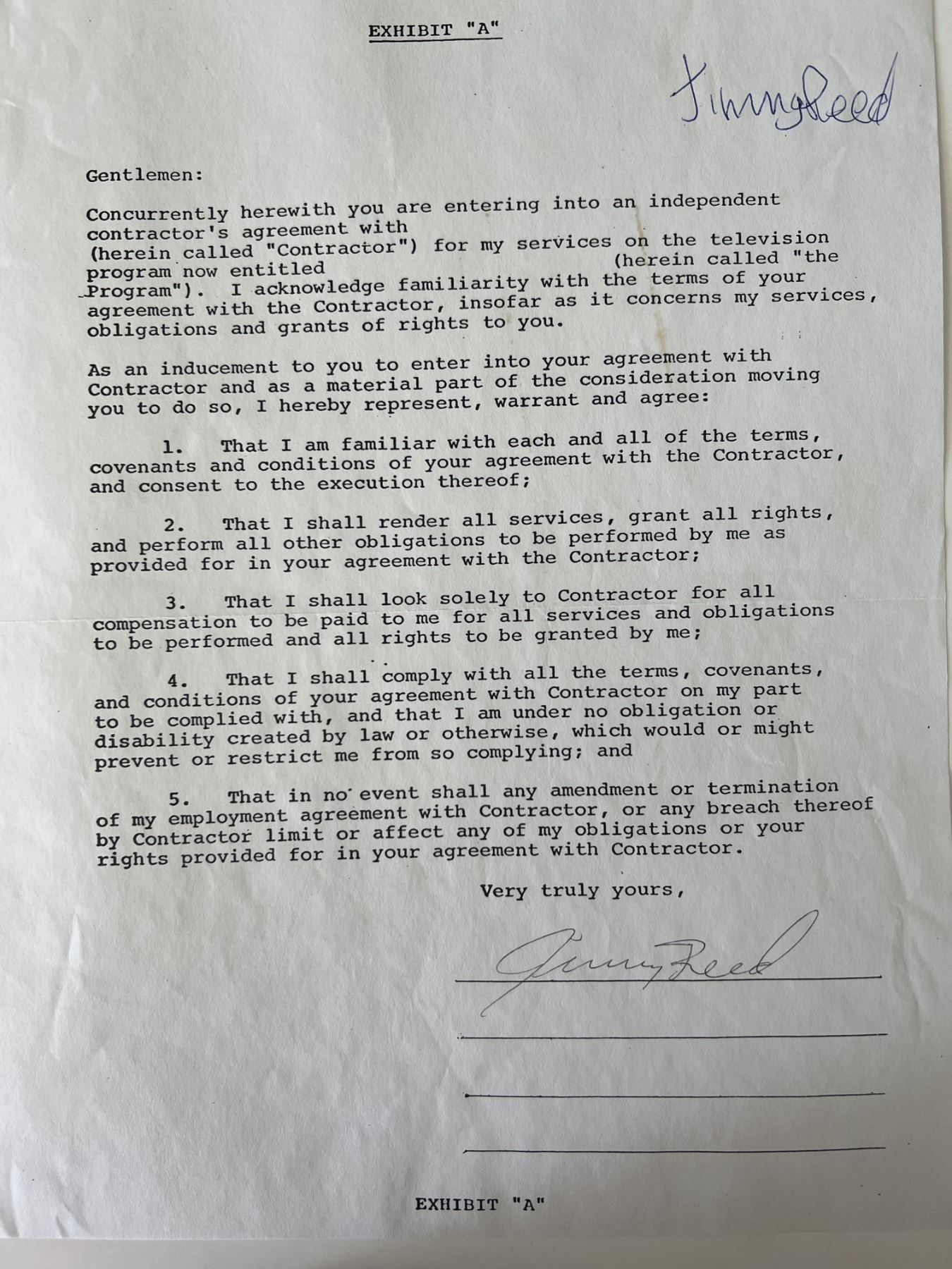 Jimmy Reed signed contract