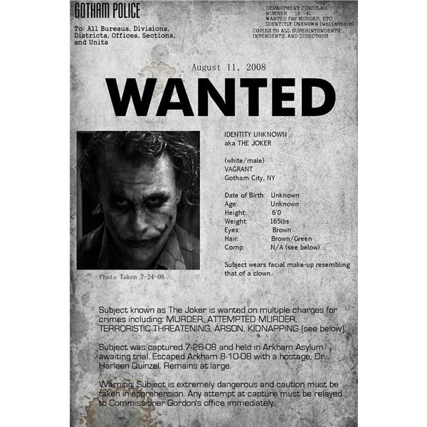Batman The Dark Knight Joker Wanted Poster Print