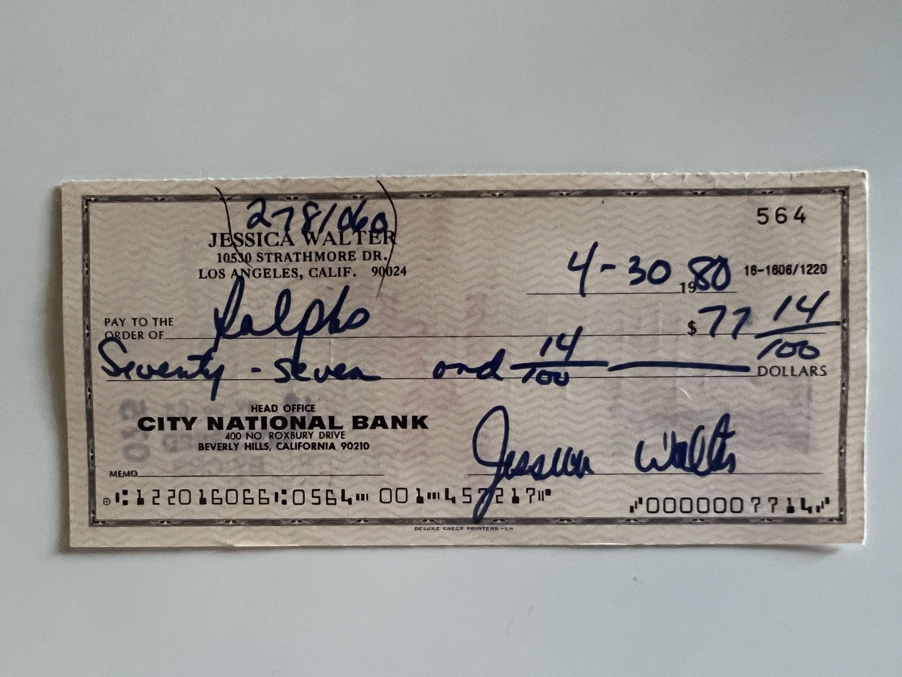 Jessica Walter signed check