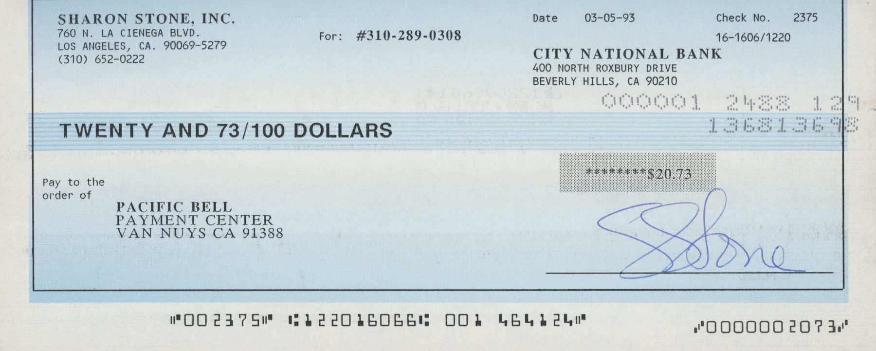 Sharon Stone signed check