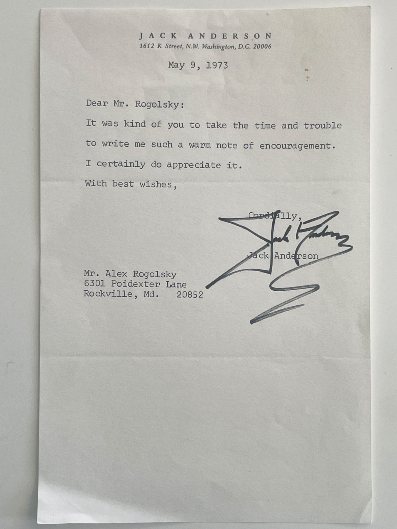 Newspaper columnist Jack Anderson signed note