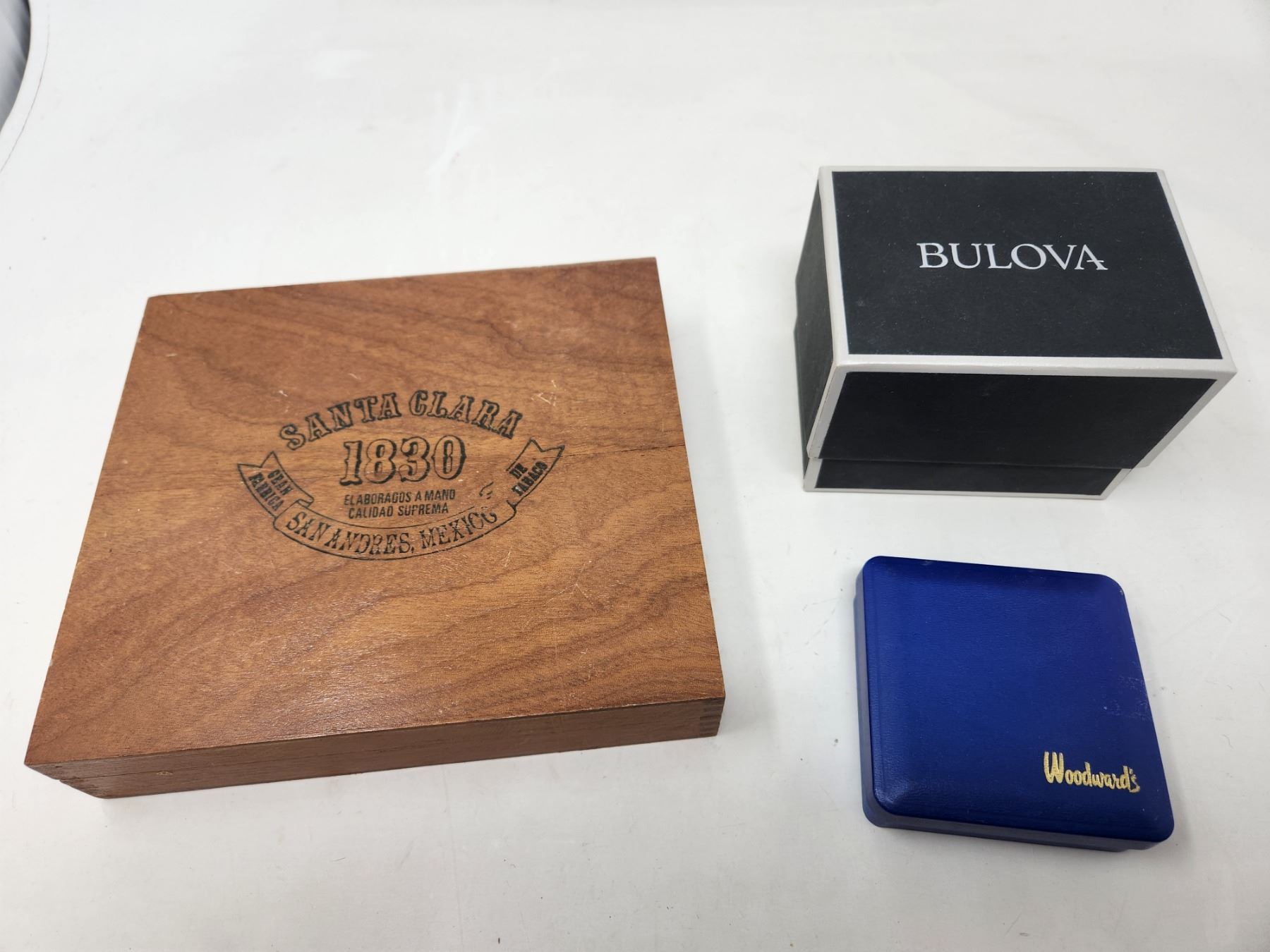 Vintage Cigar Box, Bulova Watch Box and Woodward's Jewelry Box