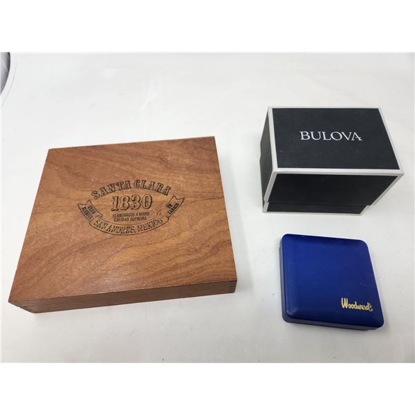 Vintage Cigar Box, Bulova Watch Box and Woodward's Jewelry Box