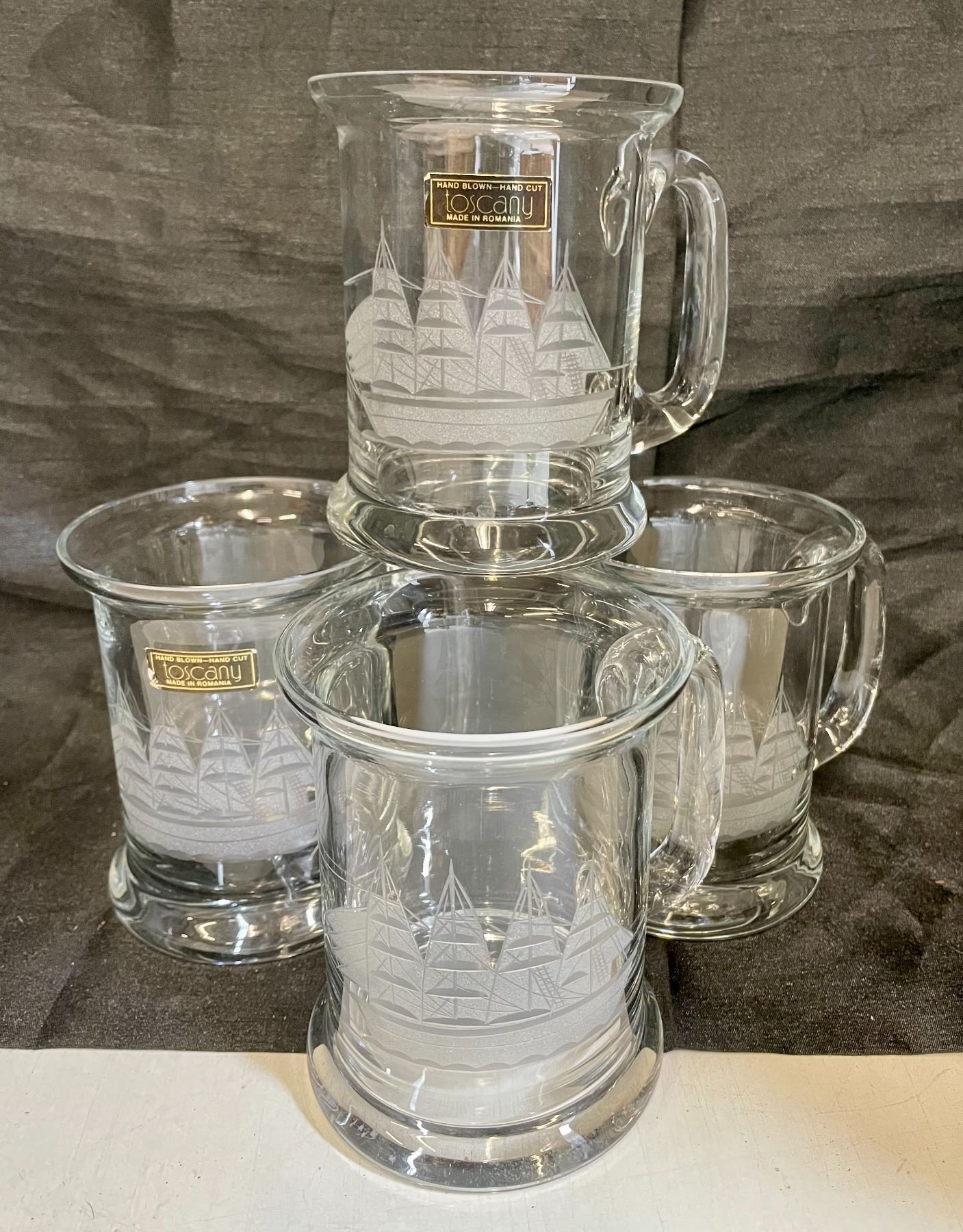 Set of 4 1970's Tuscany Hand Blown Etched Schooner Ship Design Mugs