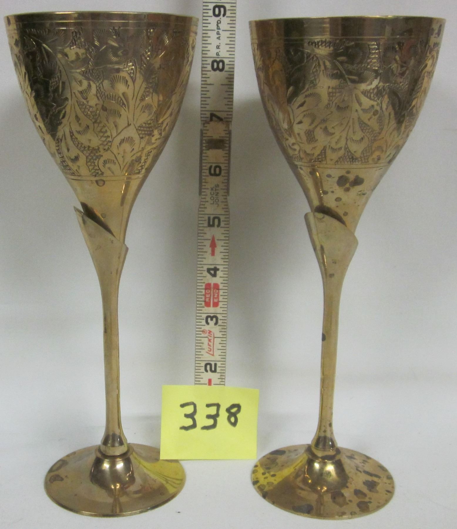 Pair 81/2" etched brass goblets marked "Tarrab" Arabic?? - Schmalz Auctions