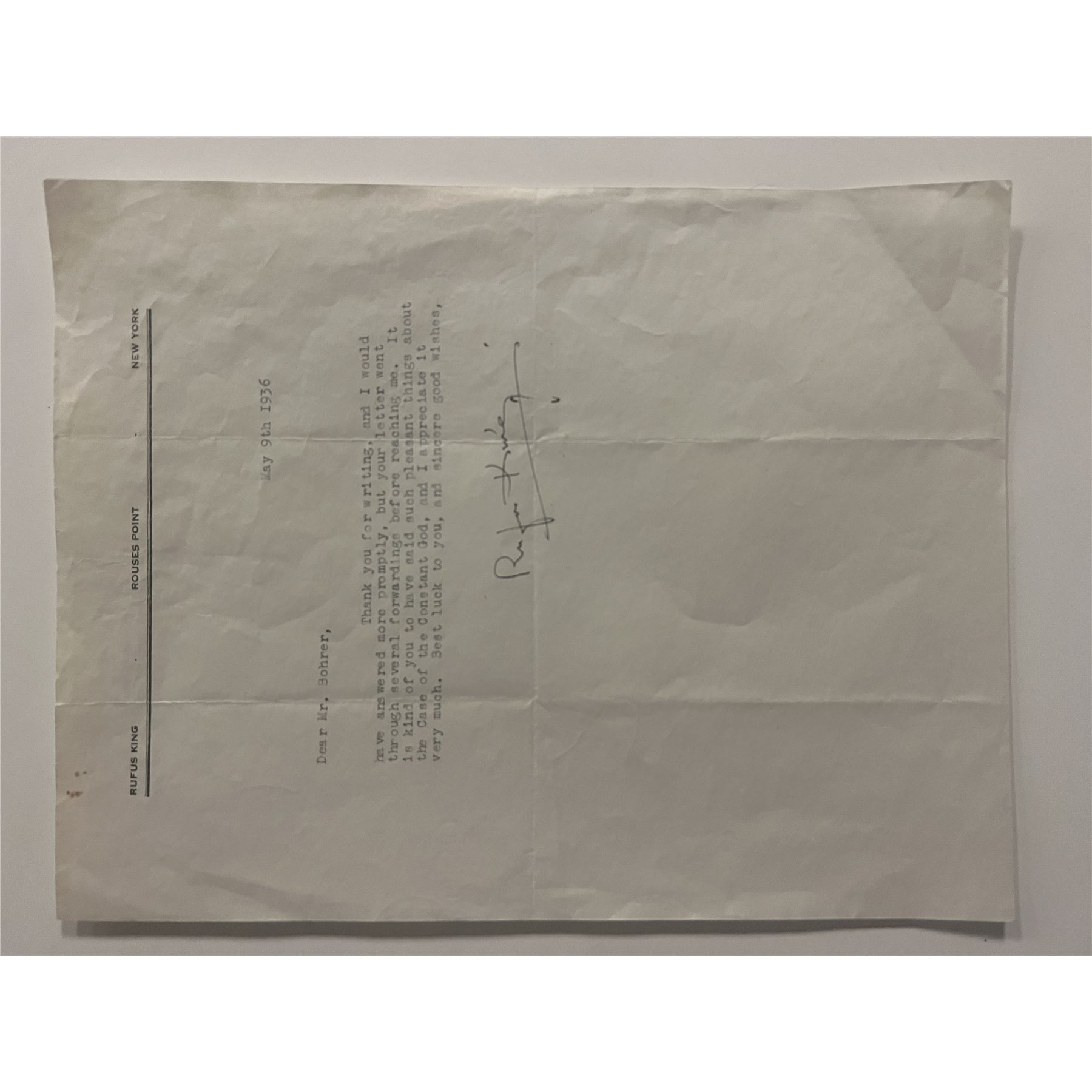 Crime Novelist Rufus King signed letter