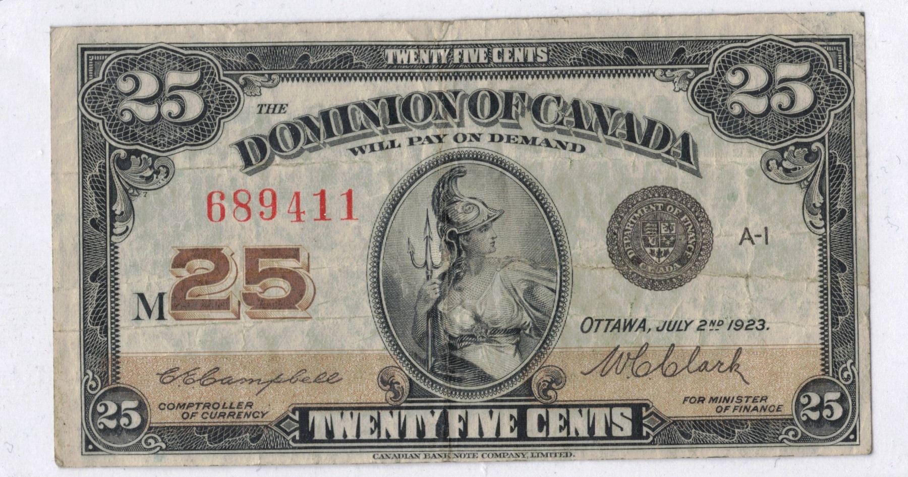 1923 Dominion of Canada 25 Cents, Shin Plaster, Shinplaster, 689411
