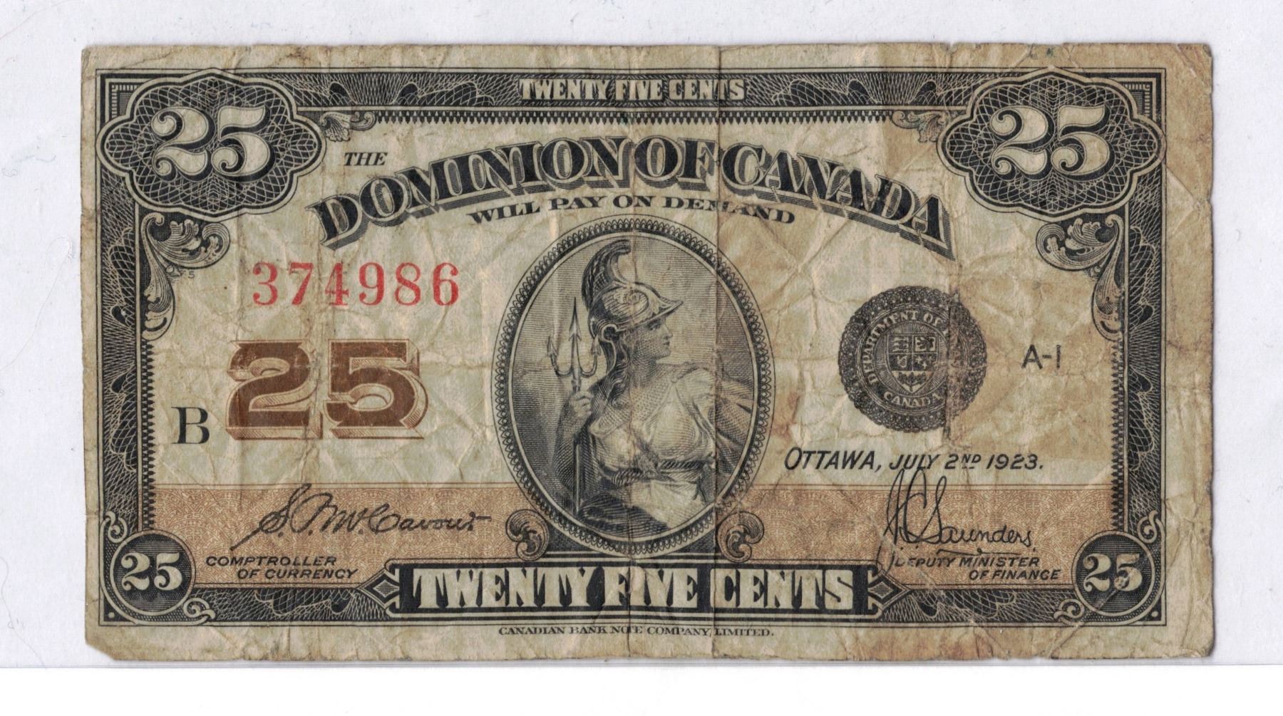 1923 Dominion of Canada 25 Cent Bill, Shin Plaster, Shinplaster
