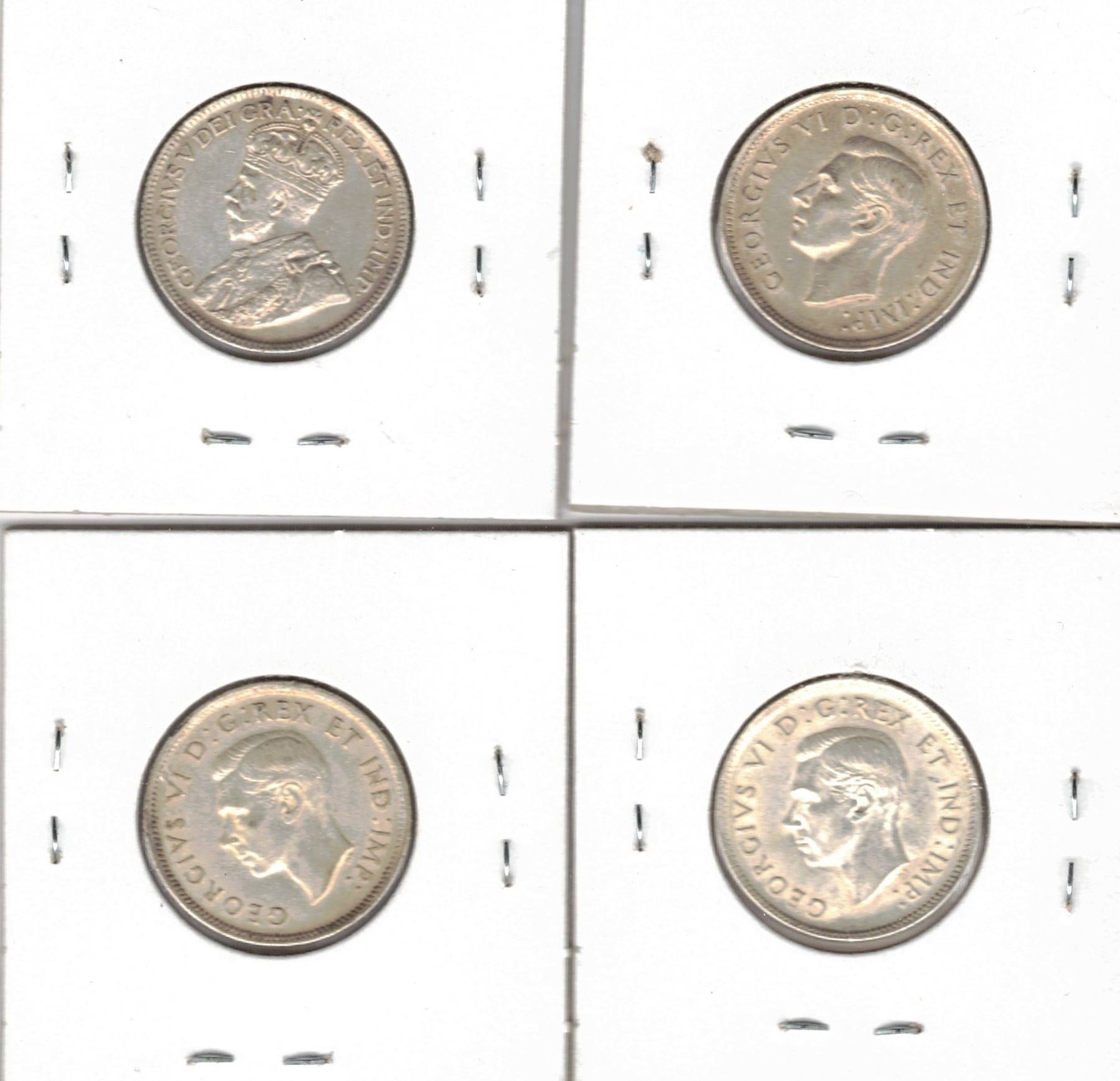 FOUR Coins Canadian 25 Cents, 1936, 1937, 1938, 1939