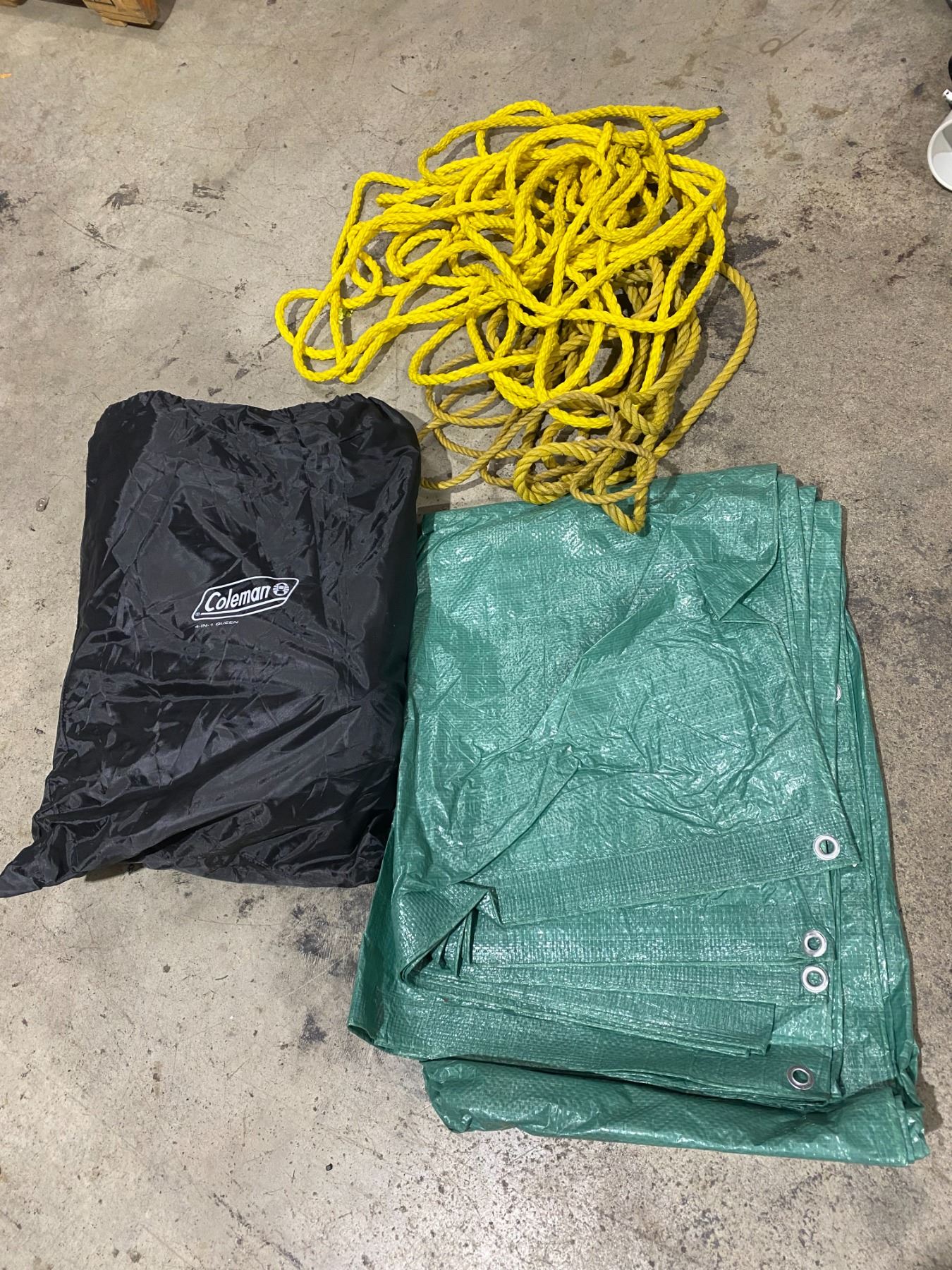 Mattress, tarp and rope
