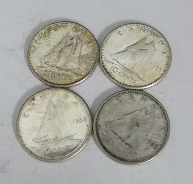4 Canadian Silver 1958 Dimes