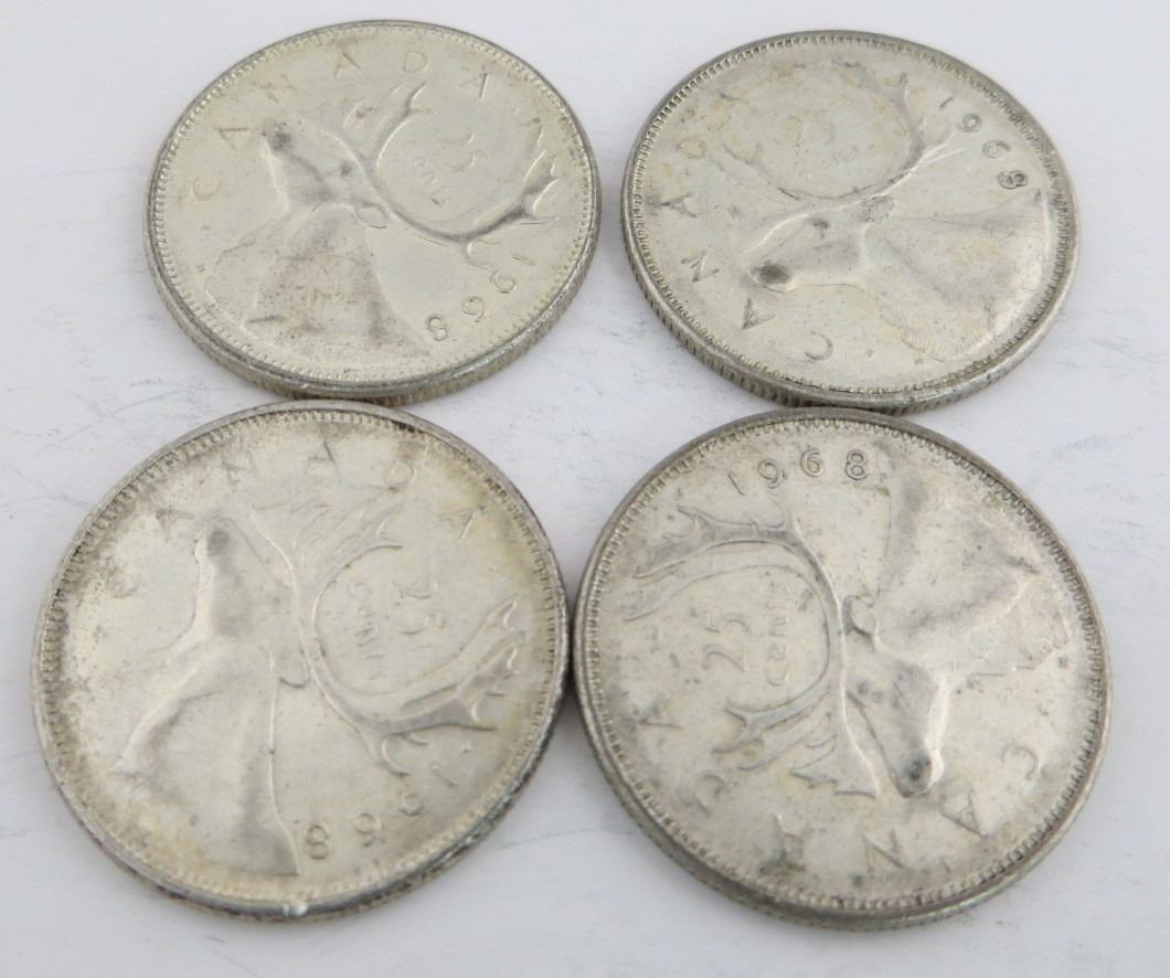 4 Canadian Silver Quarters 1968