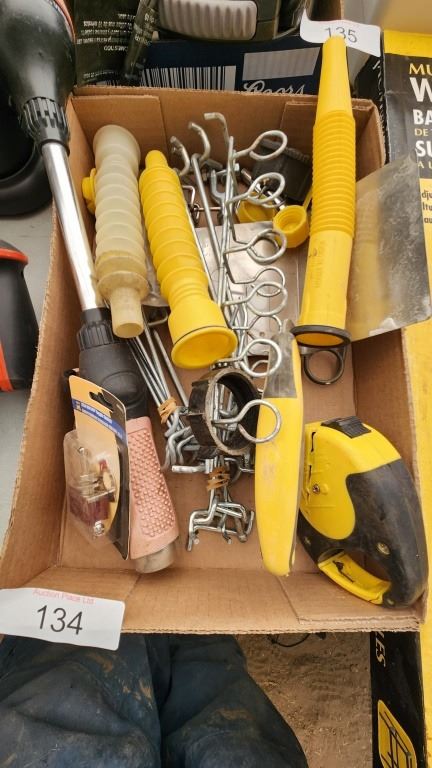 Gas can nozzles, tape measure, peg wall hangers