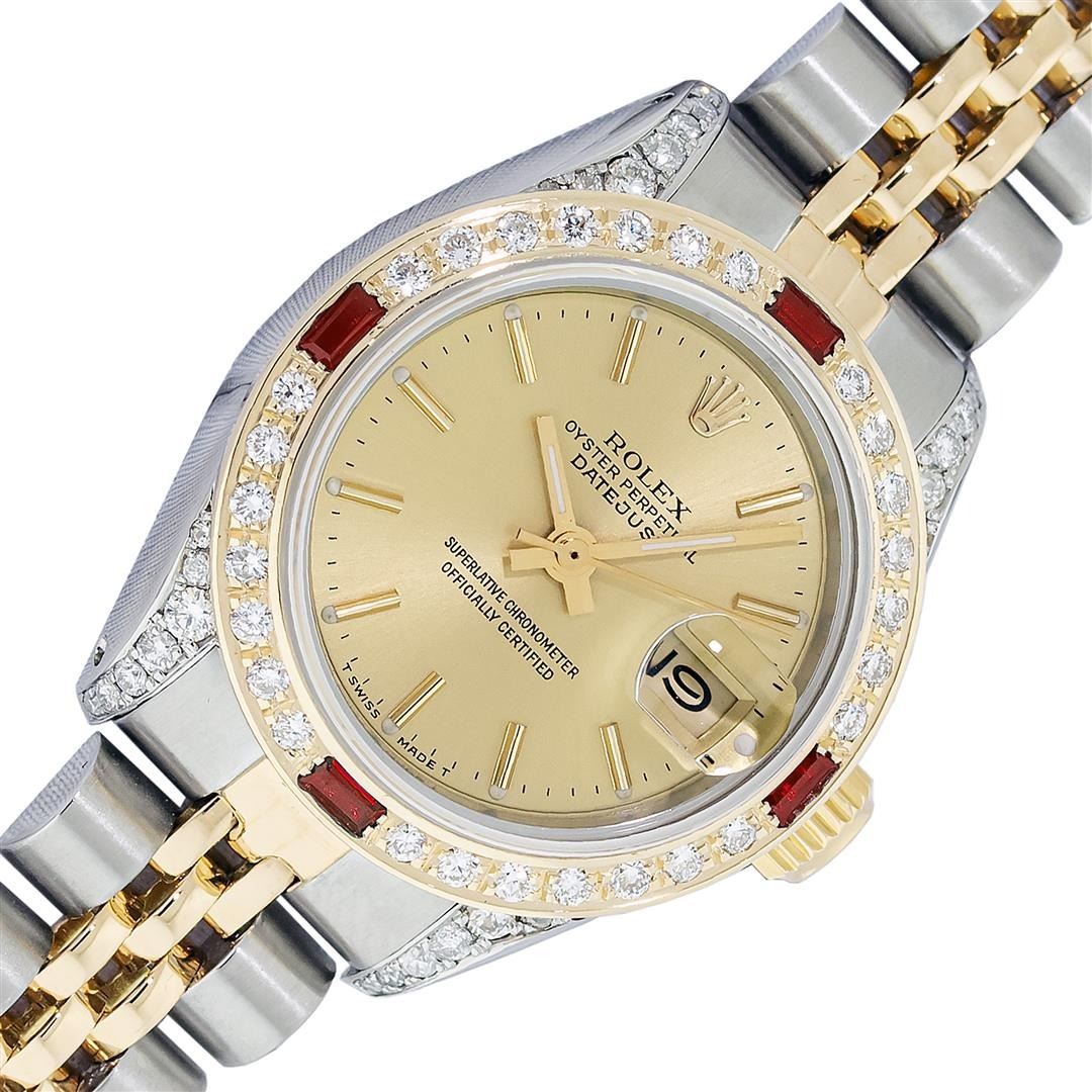 Rolex Ladies 2T Quickset Champagne Dial Diamond Lugs & Ruby Bezel Datejust