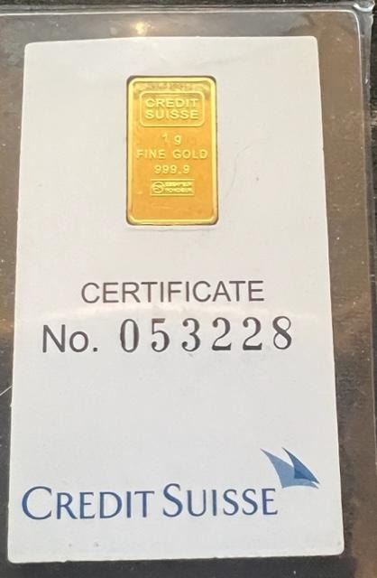 1 gram .9999 Pure Gold Bar Credit Suisse VALCAMBI S.A.